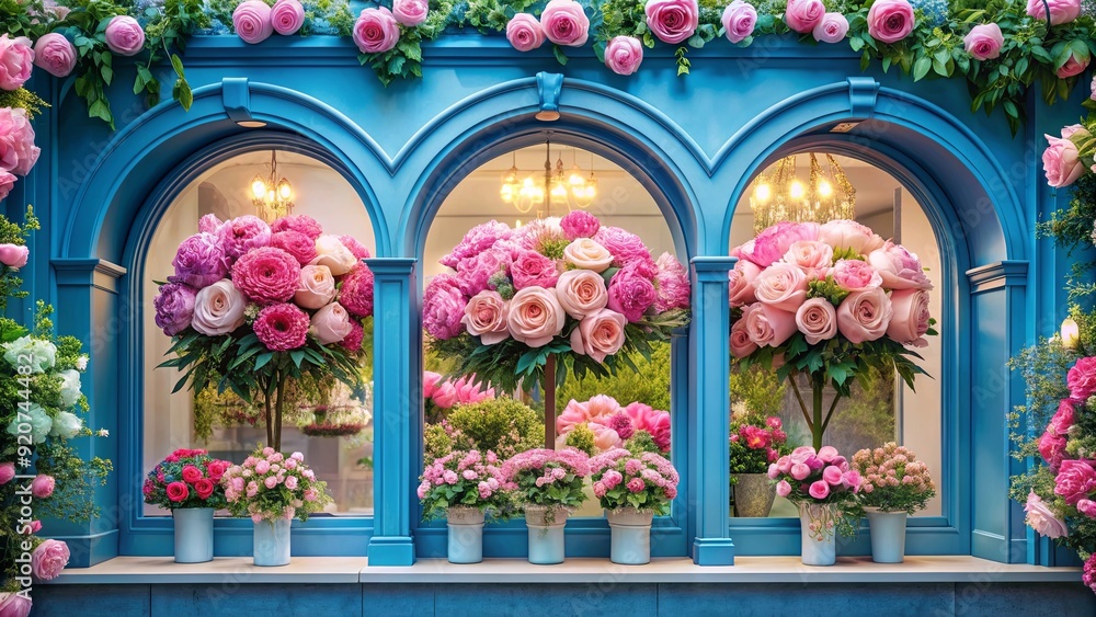 Romantic blue flower shop window with arches windows and pink peonies ...