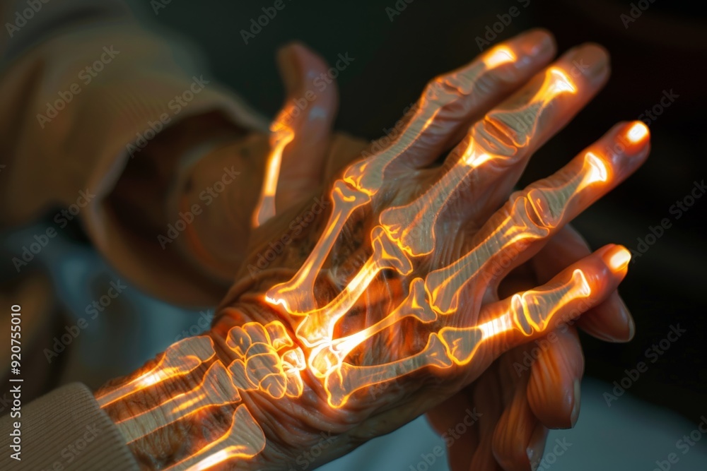 This image shows a detailed and lit view of an elderly person's hand ...