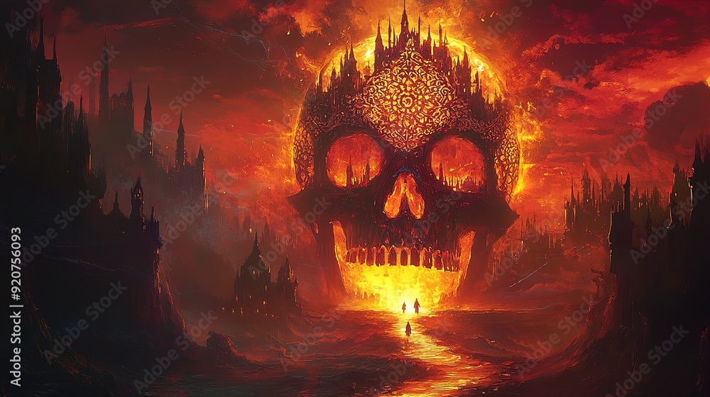 Enigmatic Filigree Skull Poster: A Dark Pathway to a Shadowy Castle ...