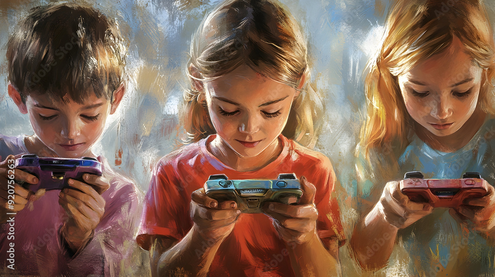 Kids Engaged in a Handheld Gaming Tournament - A depiction of kids with ...
