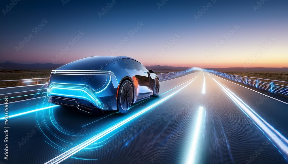 An AI-powered self-driving car on a futuristic highway, with glowing paths indicating its route ...