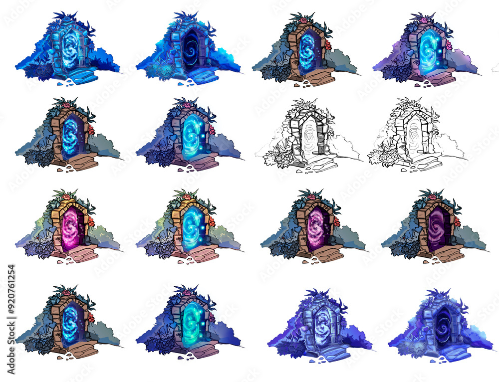 Clip art Game object 2D item Pixel portals set. Magic fantasy glowing ...