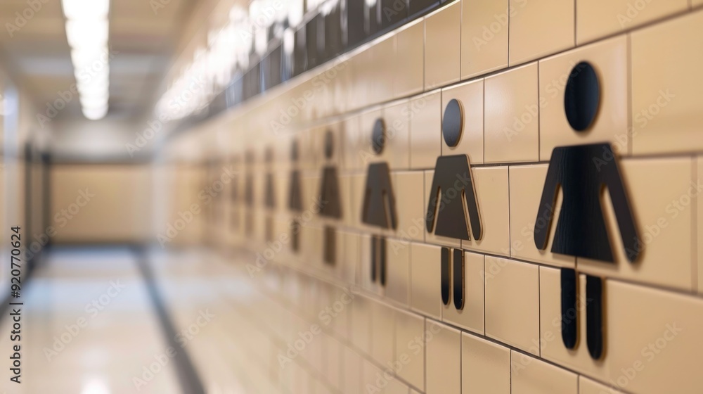 Hallway with Gender Neutral Restroom Signage and Accessibility Icons ...