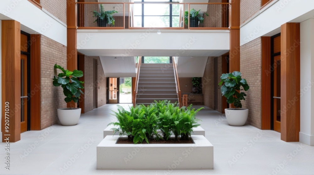 Bright and spacious architectural lobby with minimalist design elements ...