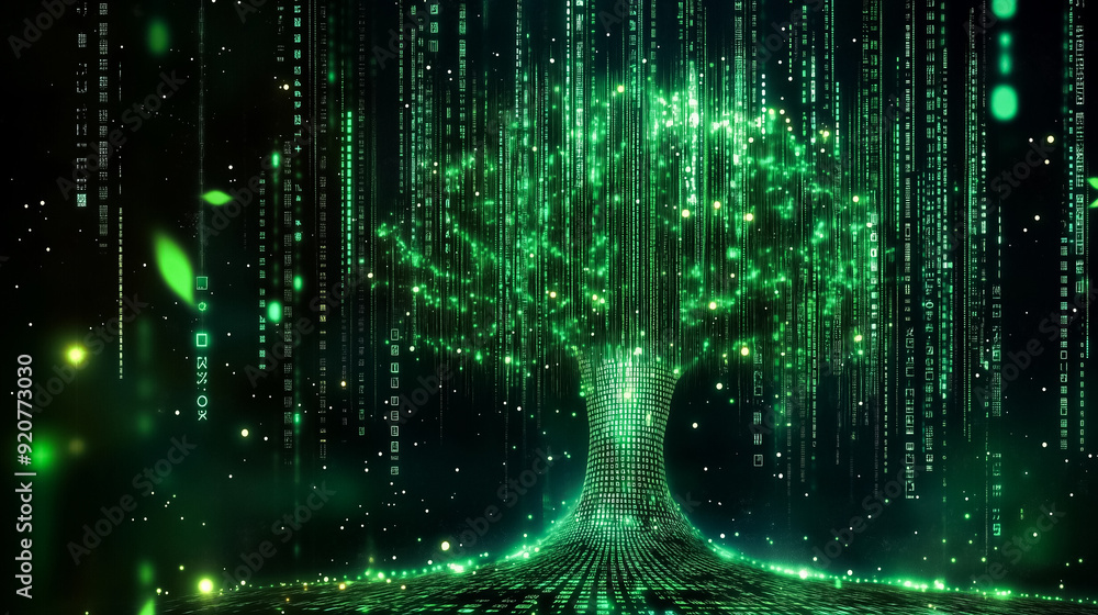 Digital tree with glowing green circuits, symbolizing the fusion of ...