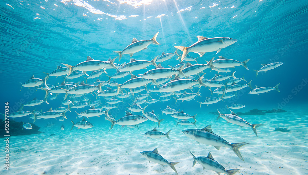 School of bonefish swimming close to the camera in shallow waters of ...