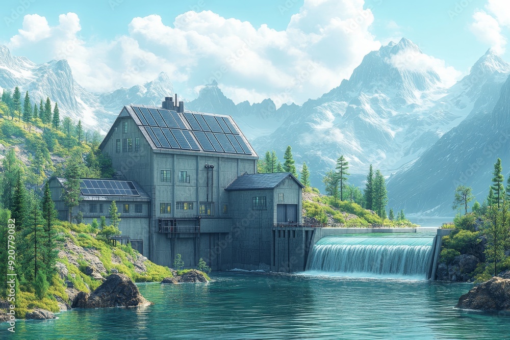 Various renewable energy sources such as wind turbines, solar panels, and hydroelectric dams ...