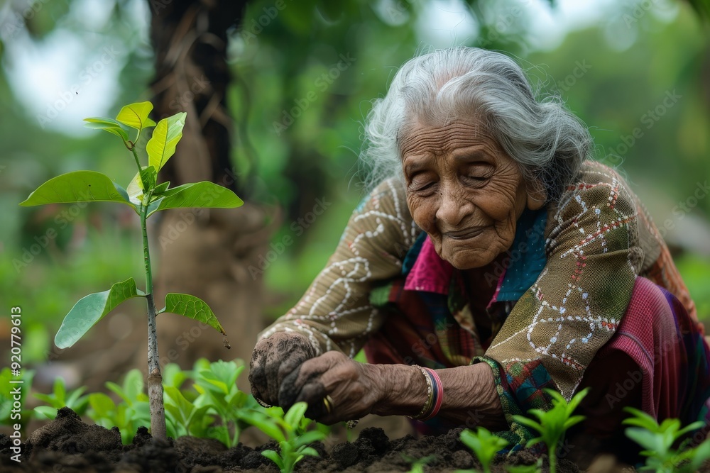 An elderly woman is bent over, intently planting seedlings in a garden ...