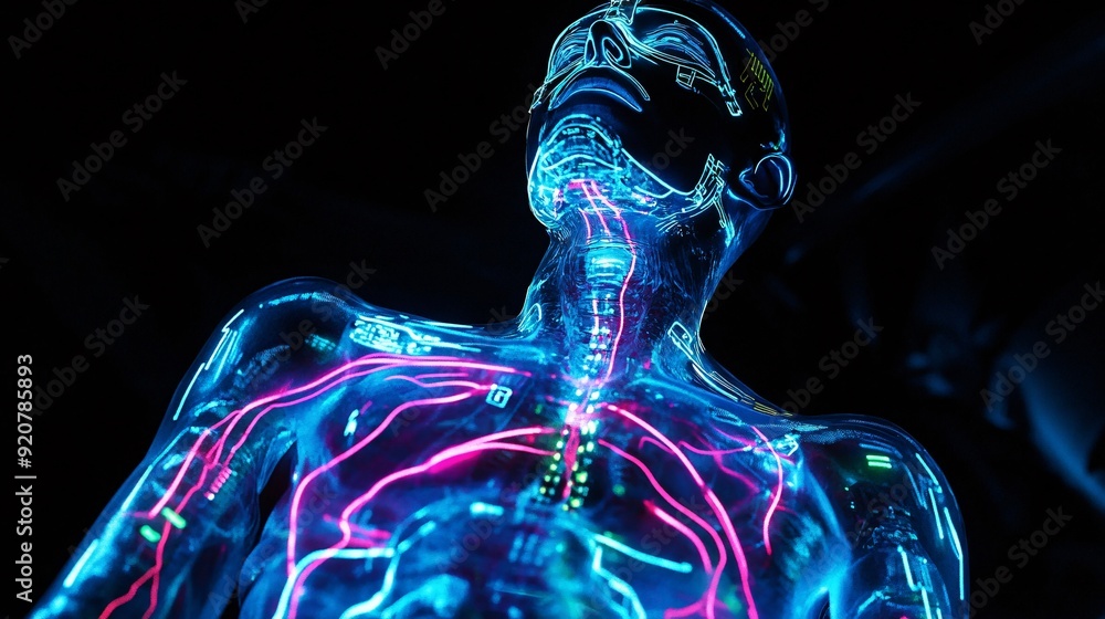 A visually compelling image of a human-robot hybrid, where half of the ...