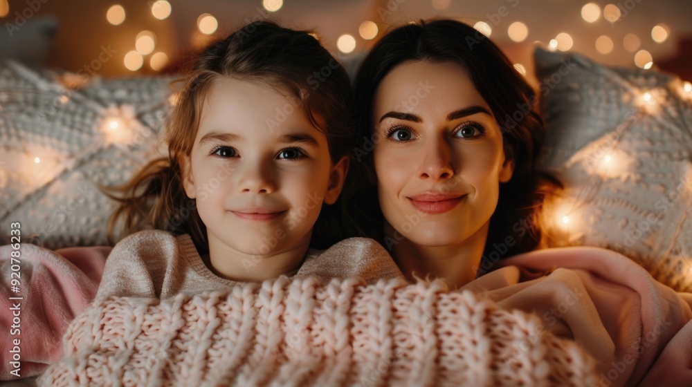 A heartwarming scene of a mother and her young daughter snuggling ...