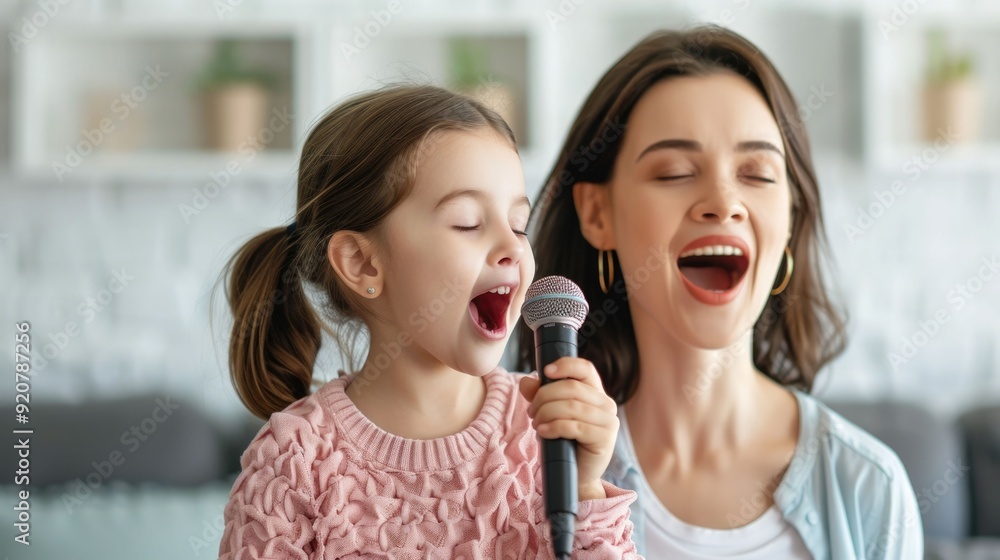 Mother and daughter singing karaoke together at their home expressing ...