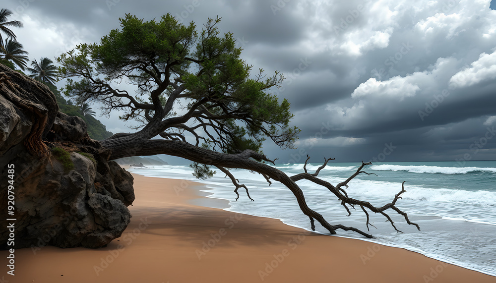Tree fallen on a cliff on the beach after storm isolated with white ...