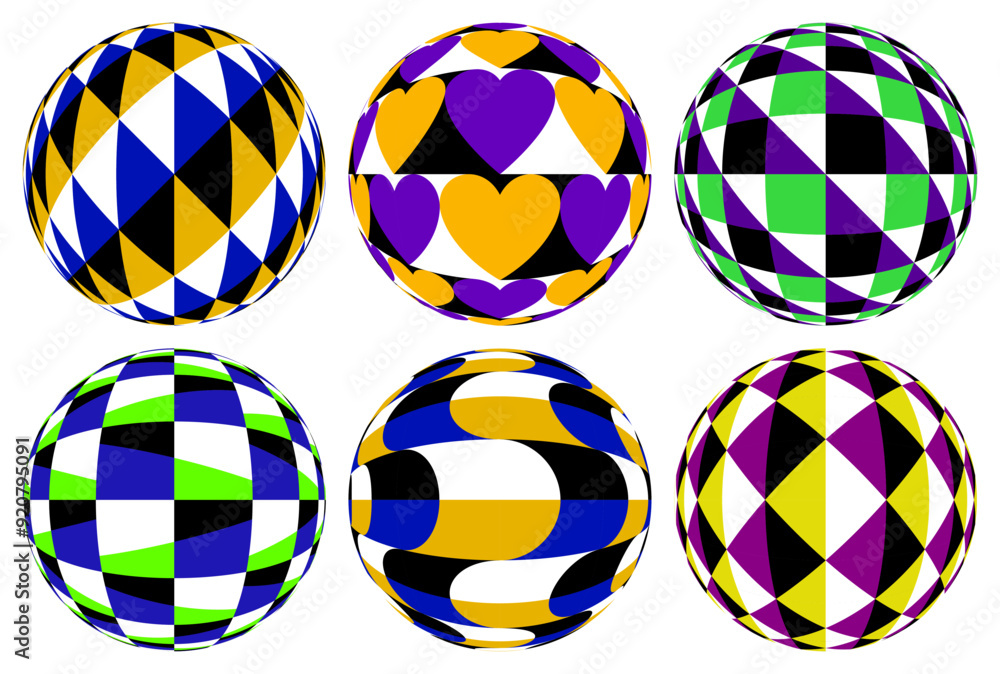 Vector set of dynamic balls with different colorful patterns. Flat ...