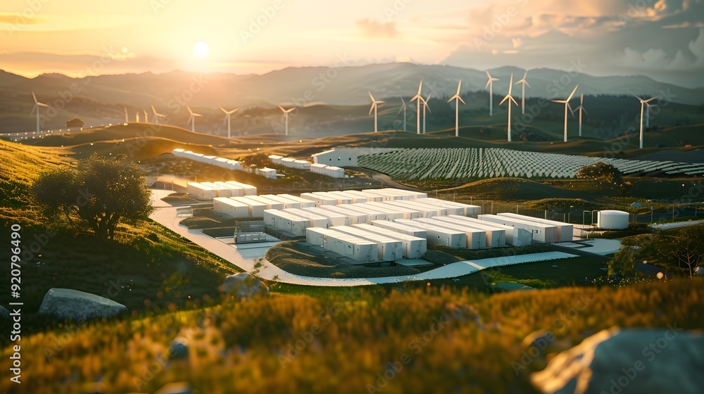 A high-tech energy storage facility with rows of sleek batteries and ...
