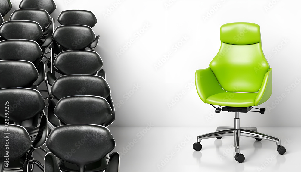Vacant position. Green office chair among black ones on white ...