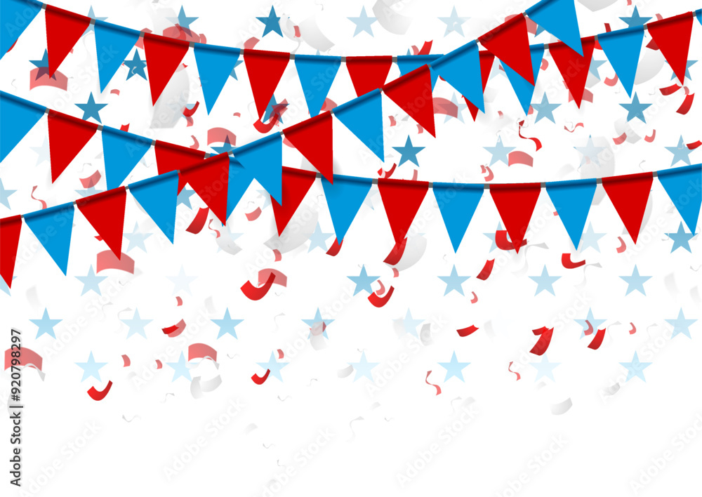 Red and blue party flags abstract USA background with confetti ...