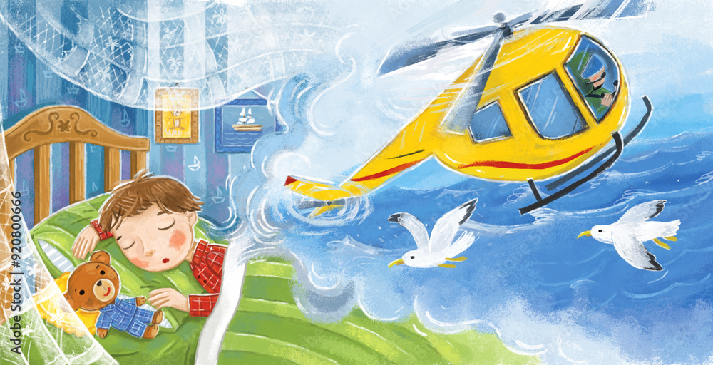 cartoon scene with little boy sleeping in his bed dreaming about ...