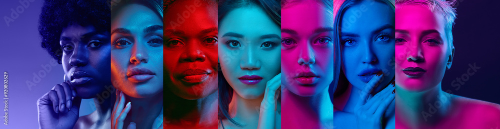 Collage. Beautiful women of different age and nationality against ...