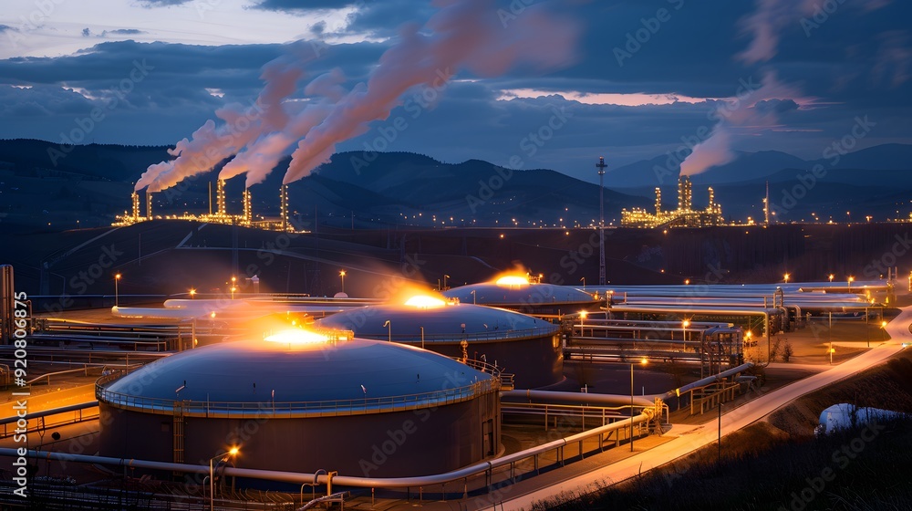A natural gas facility with methane leaks visible as glowing, invisible ...