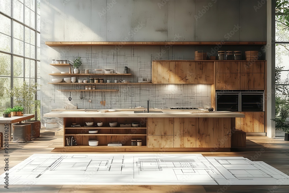 exploded view of a modernist kitchen renovation with ghosted outlines ...