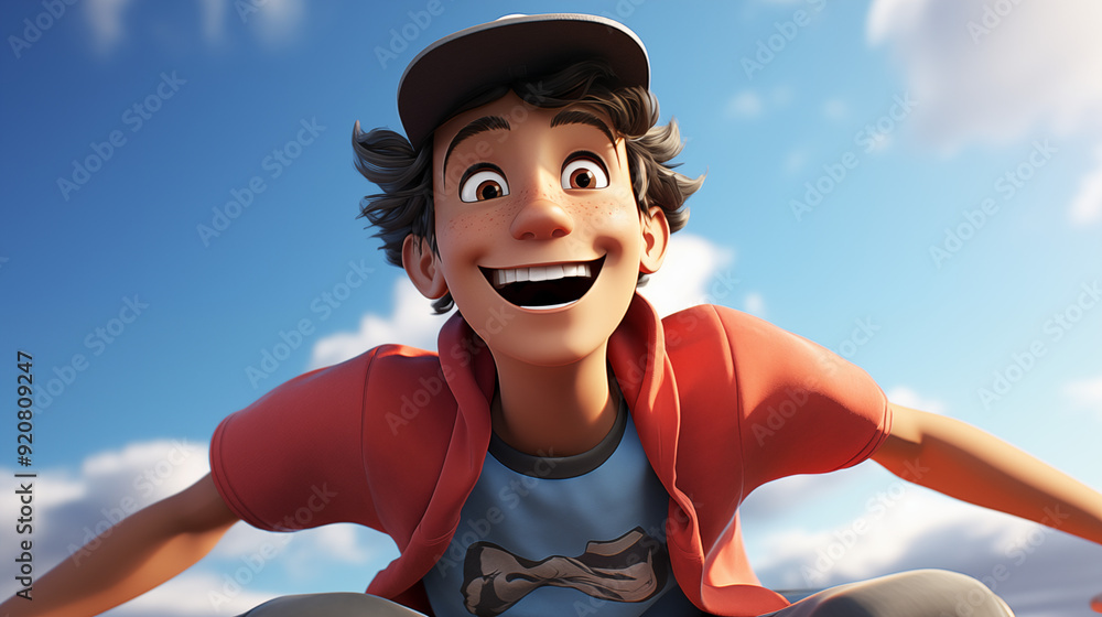Smiling Teenage Boy With a Cap in a Red Jacket and T-shirt Happy ...