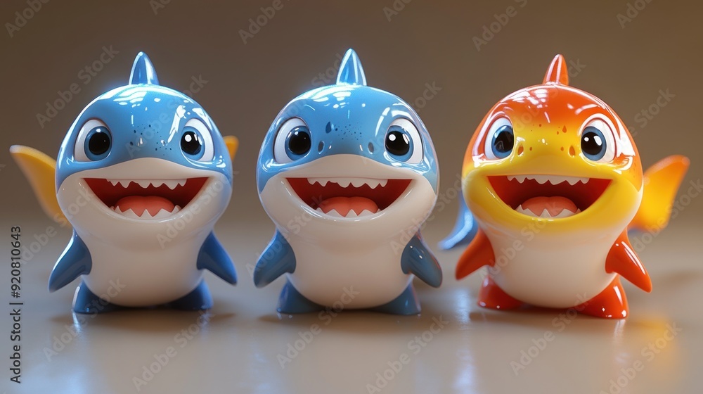 Three cartoon shark figurines on a light brown background. Two blue ...
