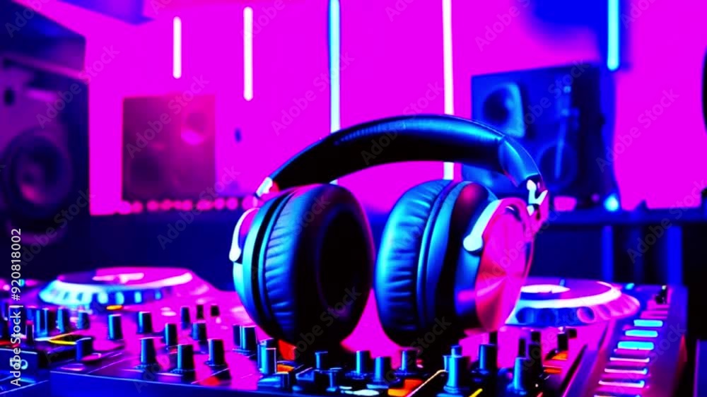 Electric Vibes: Neon-Lit DJ Setup with Black Over-Ear Headphones on a ...