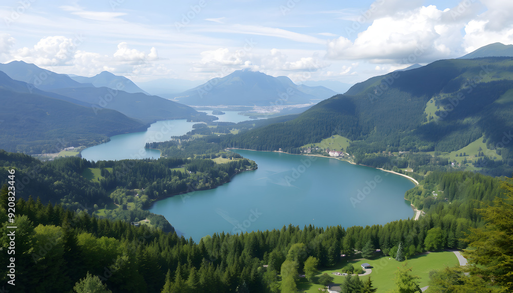 Aerial view over lush greenery and trees, revealing Lake Walensee near ...