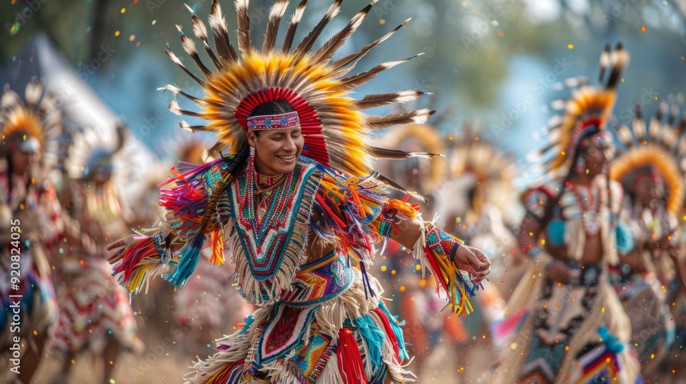 Indigenous Peoples' Day. A powwow scene, with dancers in colorful regalia performing ceremonial ...