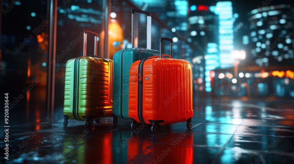 suitcases of different colors on the airport floor, night city ...