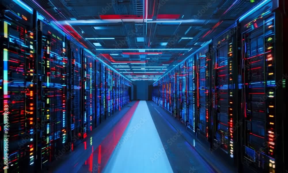 A modern data center with rows of server racks. Each rack is filled ...