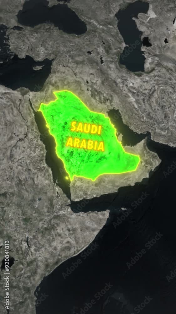 Saudi Arabia green 3D animation vertical Map with glow border and Text ...