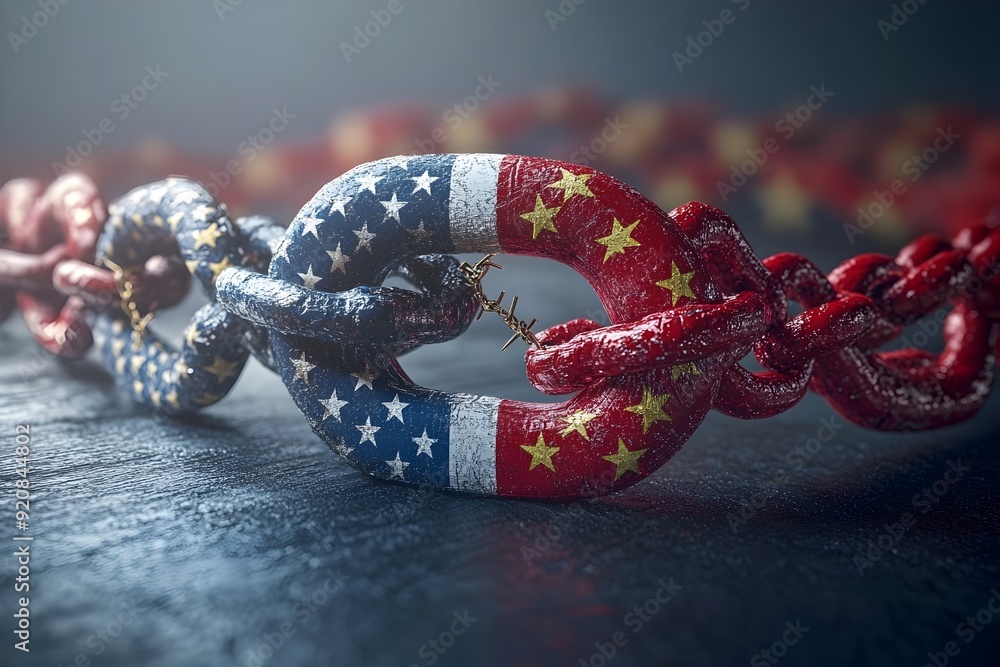 Chinese and American Flags with Broken Chains Trade Conflict Symbolism ...