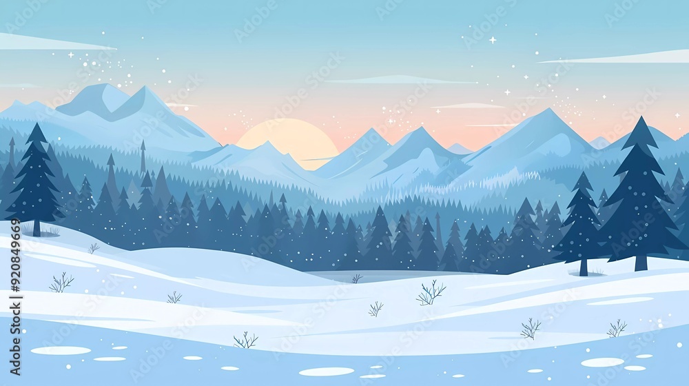 simple flat illustration of a snowy landscape with mountains in simple ...