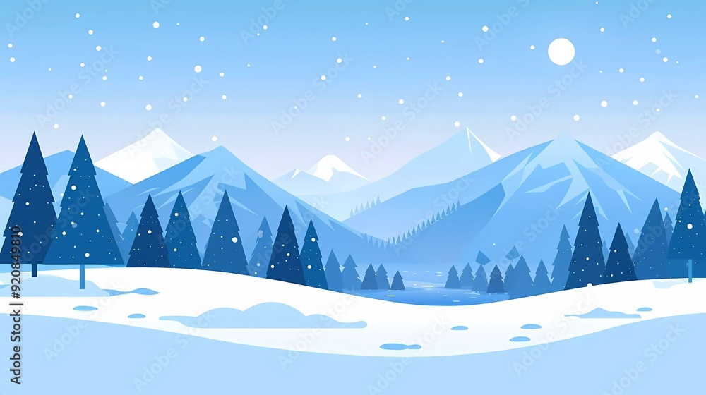 simple flat illustration of a snowy landscape with mountains in simple ...