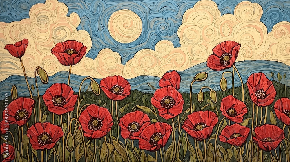 Serene Linocut Poppy Field Illustration - Peaceful Remembrance Day Art ...