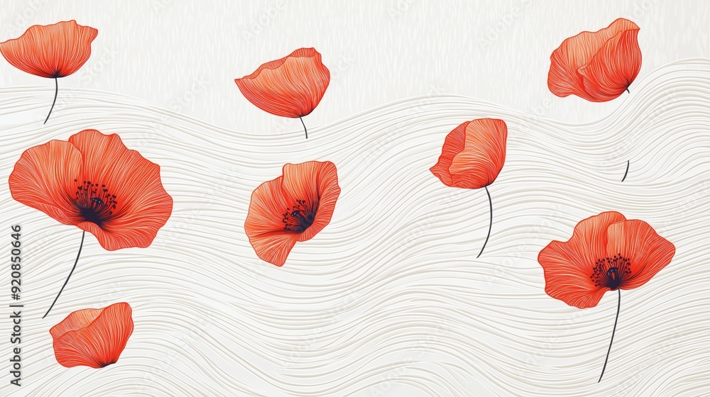 Red Poppy Petals Swaying in Wind Linocut Art - Peaceful Remembrance Day ...