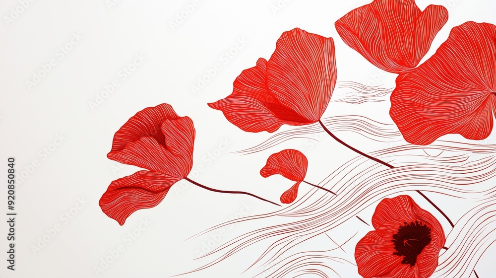 Red Poppy Petals Swaying in Wind Linocut Art - Peaceful Remembrance Day ...