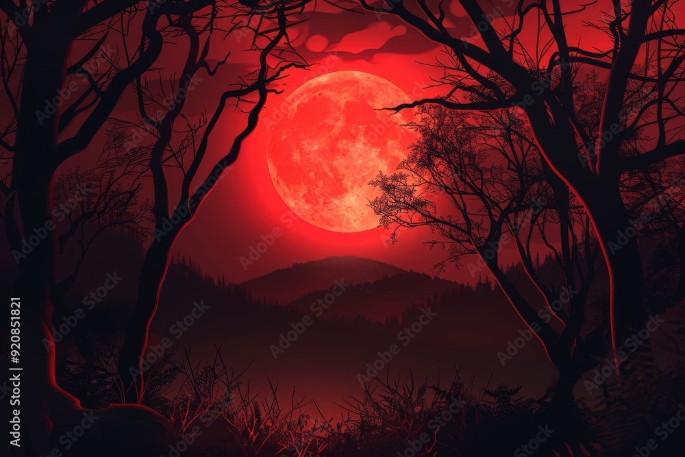 Apocalyptic digital artwork featuring a blood-red moon over a ...
