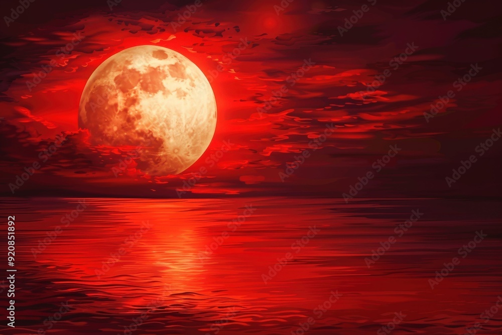 Apocalyptic digital artwork featuring a blood-red moon over a ...