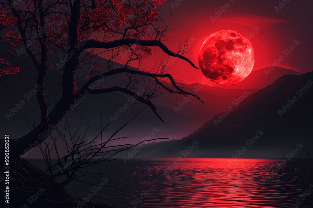 Apocalyptic digital artwork featuring a blood-red moon over a ...