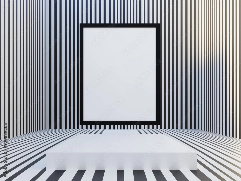 Black and white striped geometric abstract poster mockup template with ...