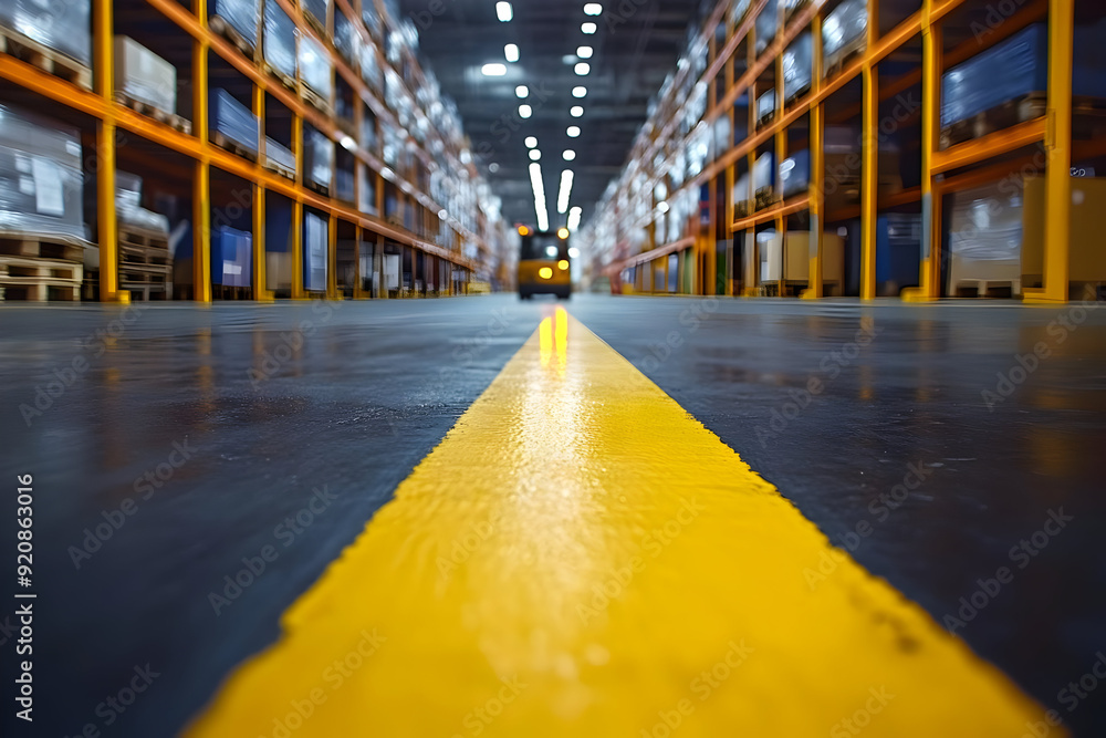 Empty warehouse interior showing clear yellow line on floor and ...