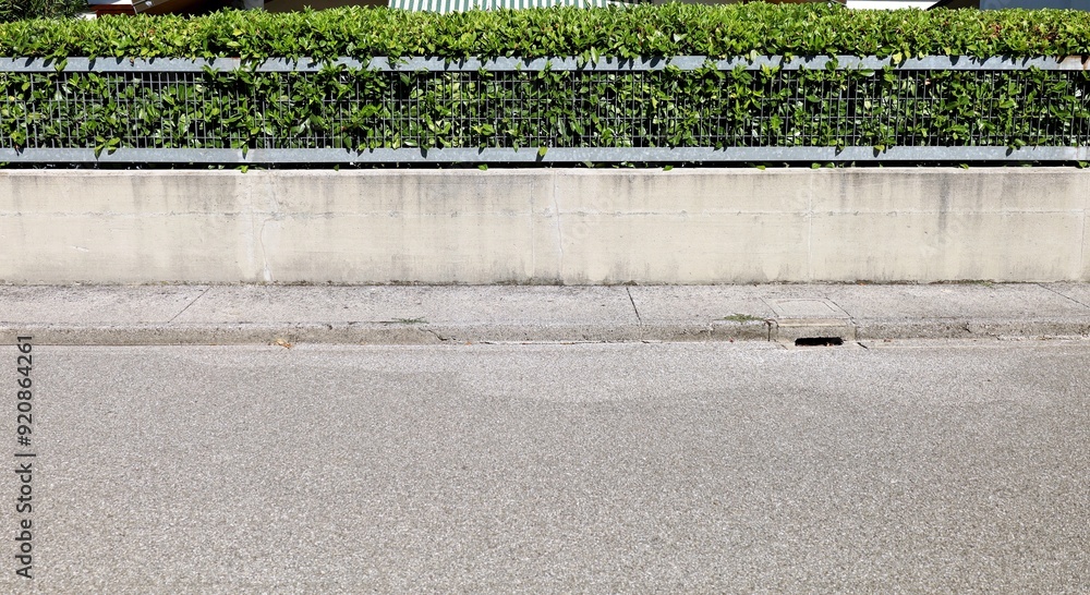 House fence made of a concrete wall, wire mesh bordered by two ...