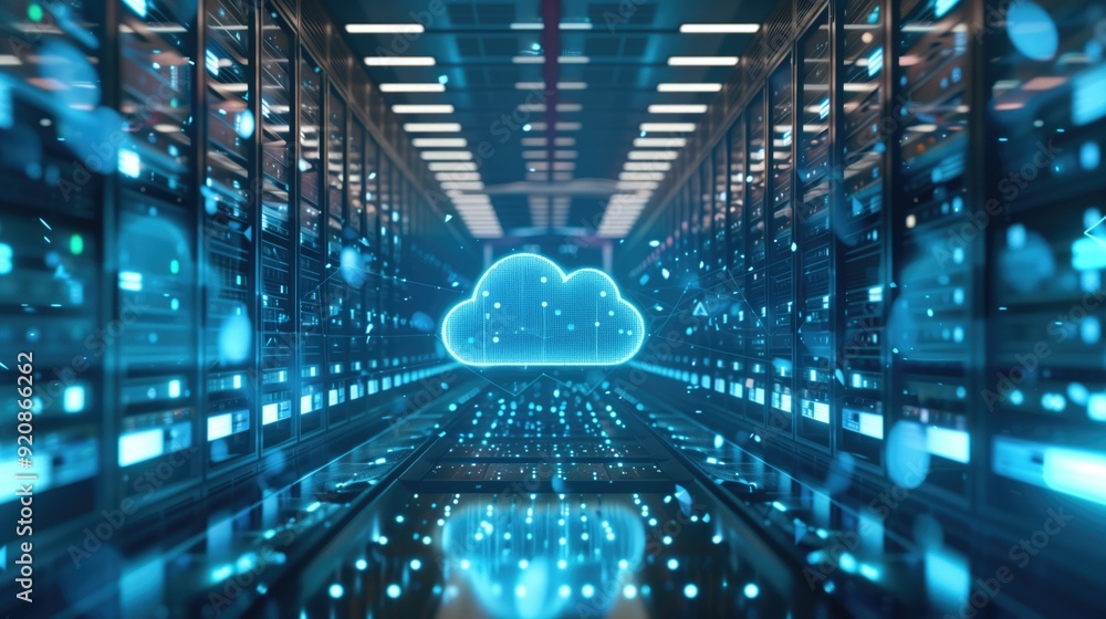 Futuristic data center with holographic cloud symbol glowing among rows ...