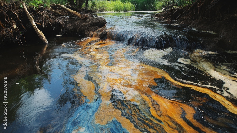 Toxic waste leaking into a river system, turning it into a polluted ...