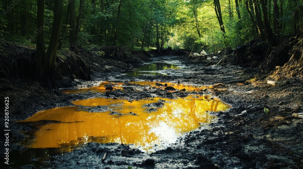 Toxic waste leaking into a river system, turning it into a polluted ...