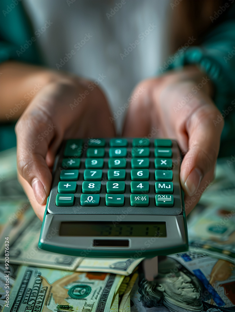 Person with Green Calculator and Money Concept for Financial ...