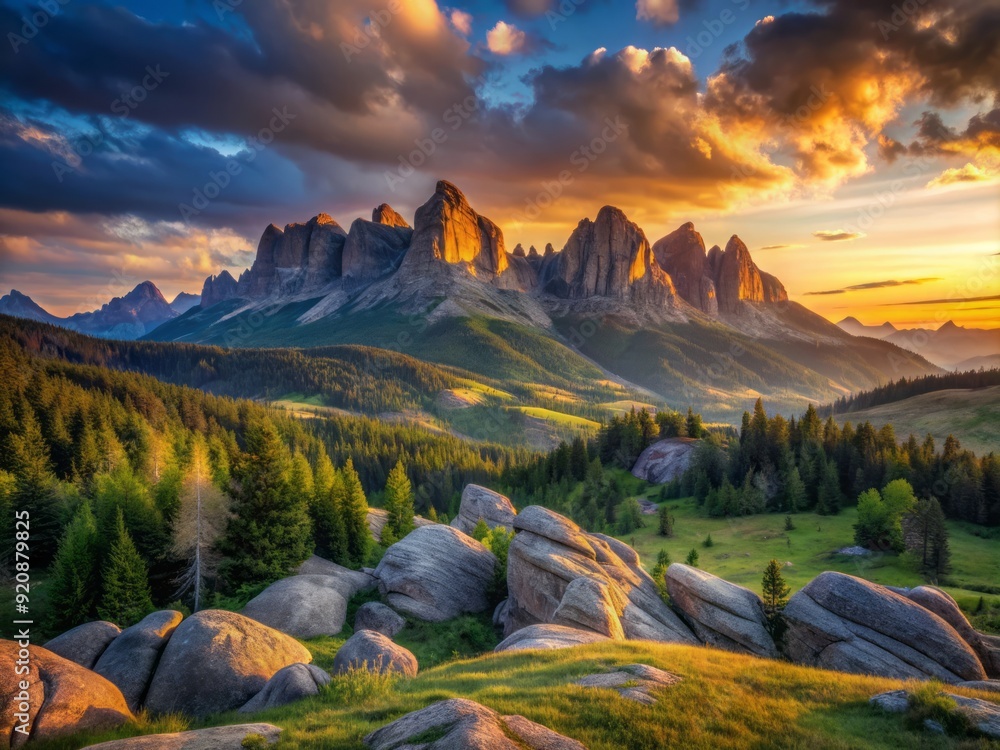 Serene landscape of a majestic mountain range at dusk, with soft, warm ...