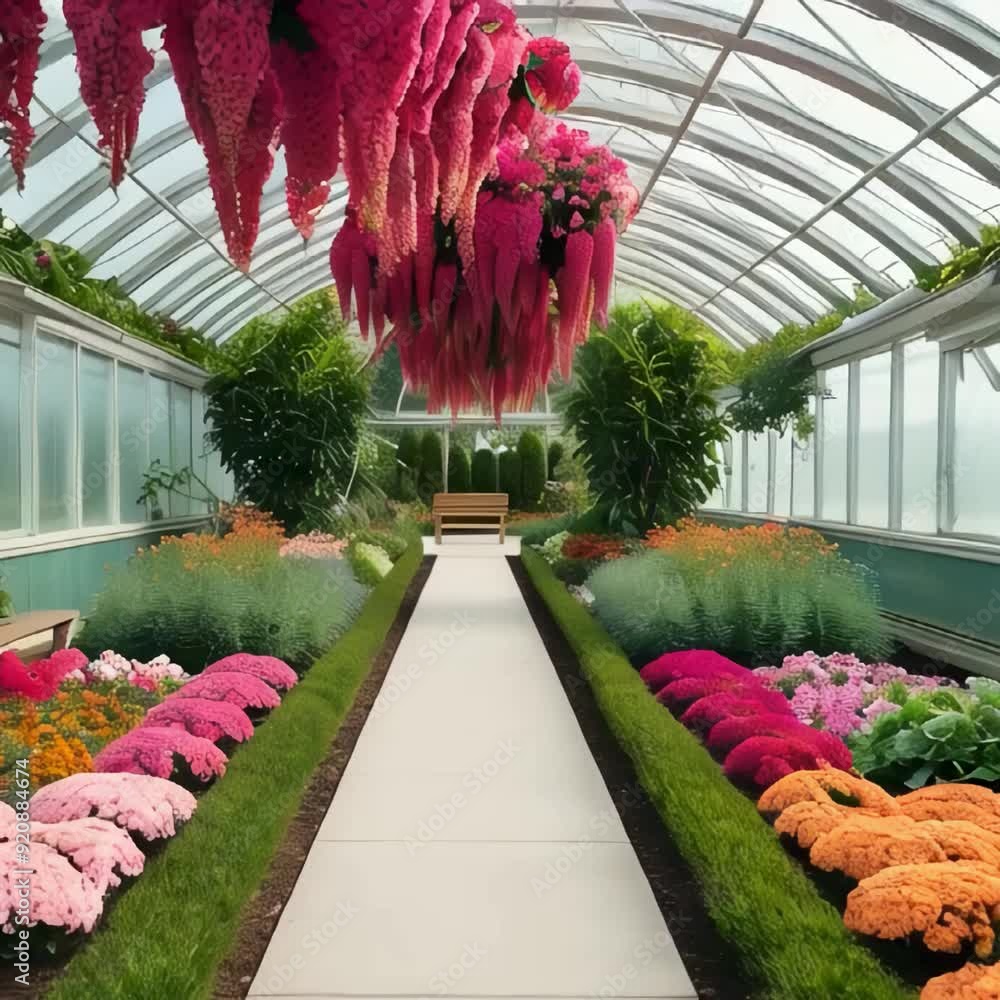 a beautifully maintained greenhouse with a long, straight pathway ...